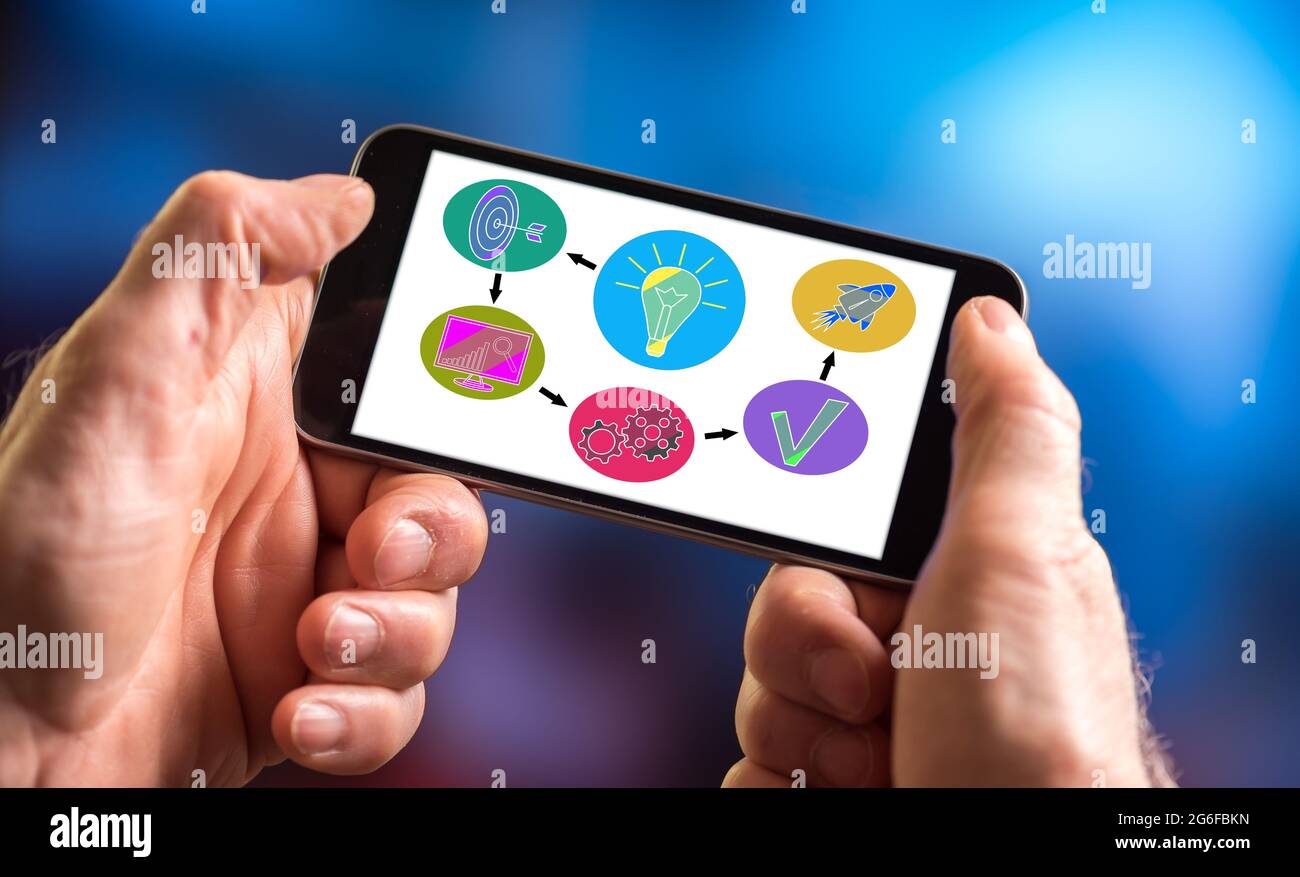 Hand holding a smartphone with business strategy concept Stock Photo ...