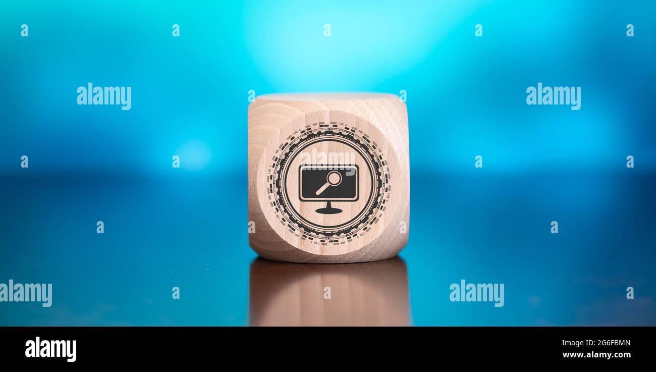 Wooden block with symbol of software update concept on blue background ...