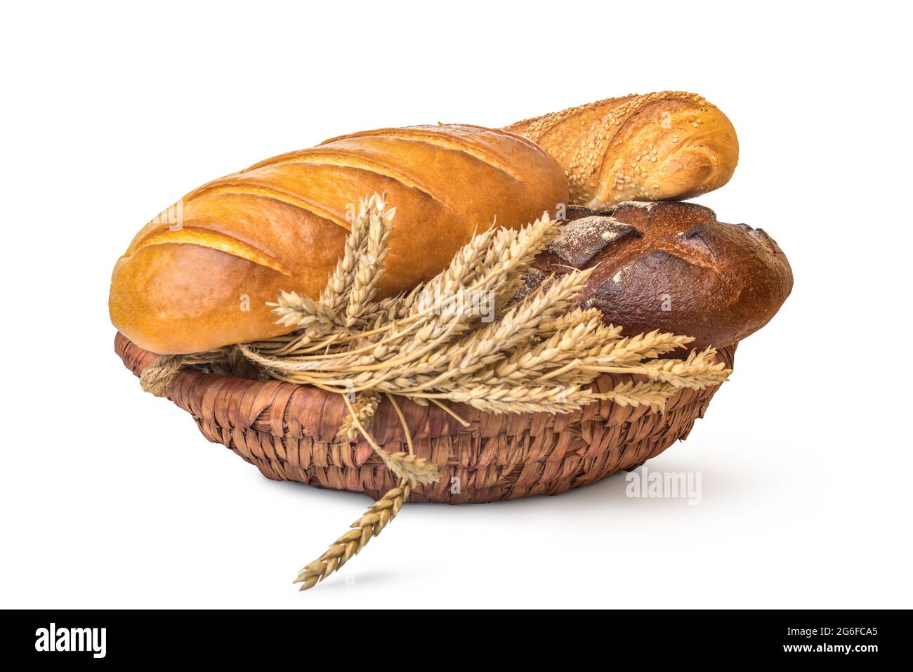 Basket with bread isolated on a white background Stock Photo - Alamy