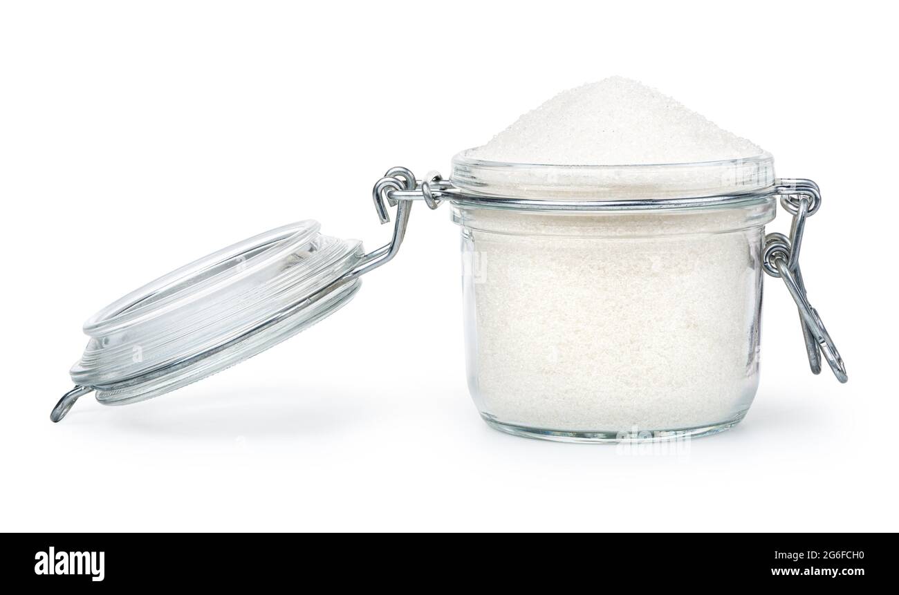 Sugar in glass jar isolated on a white background Stock Photo - Alamy