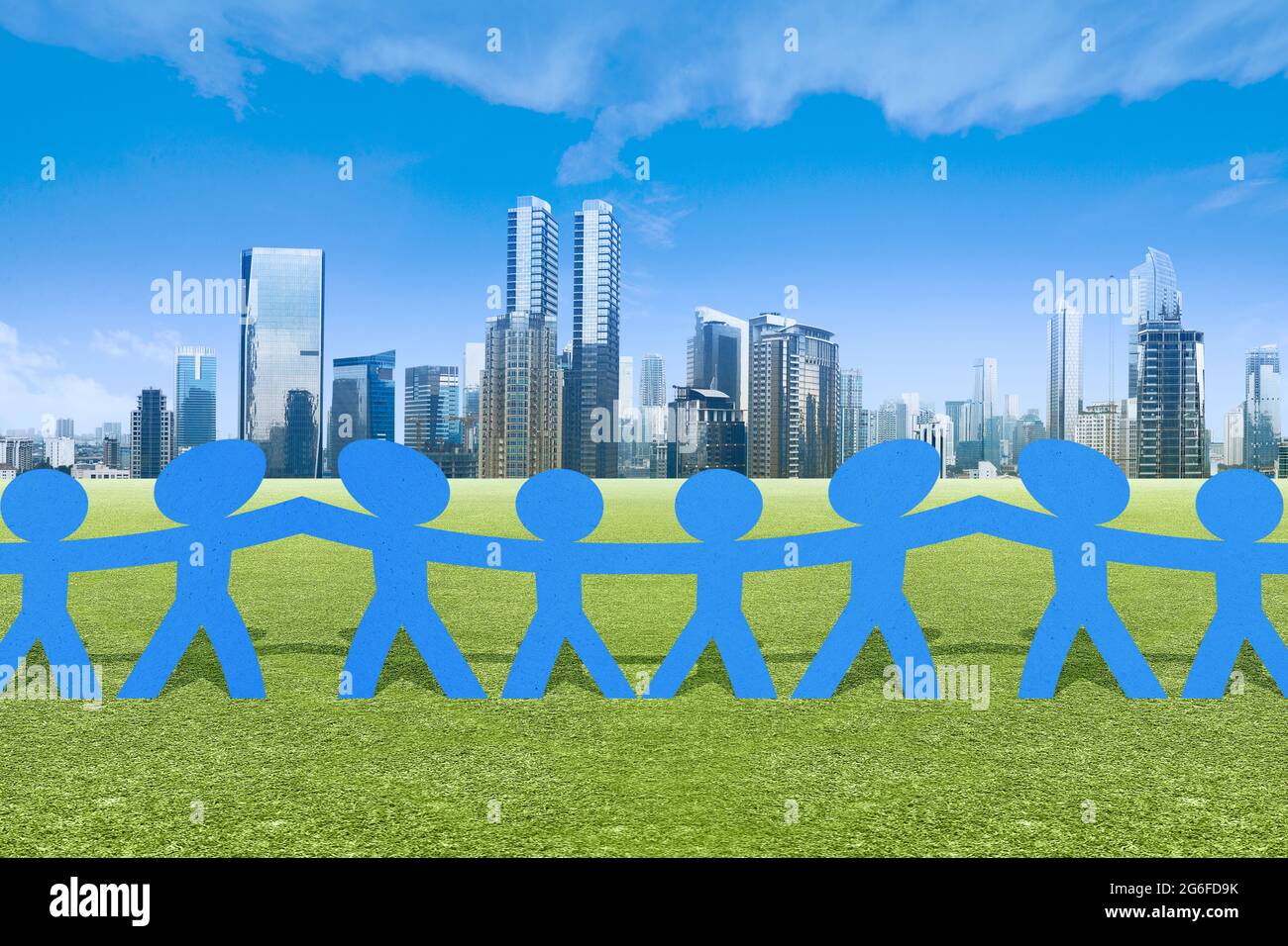 Blue people paper holding hands standing on the city. World Population ...