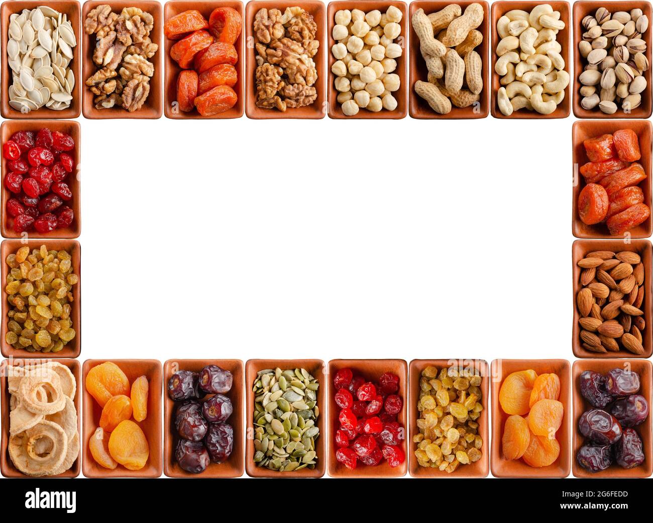 Seamless flat lay food frame of dehydrated fruits, seeds and nuts on ...