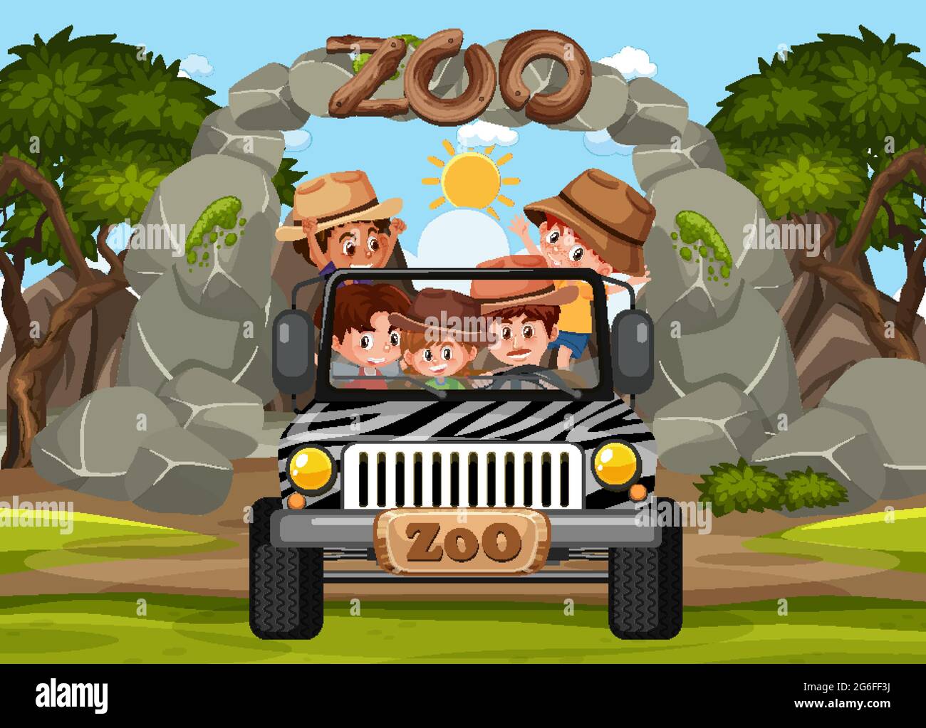 Children on tourist car explore in the zoo scene illustration Stock ...