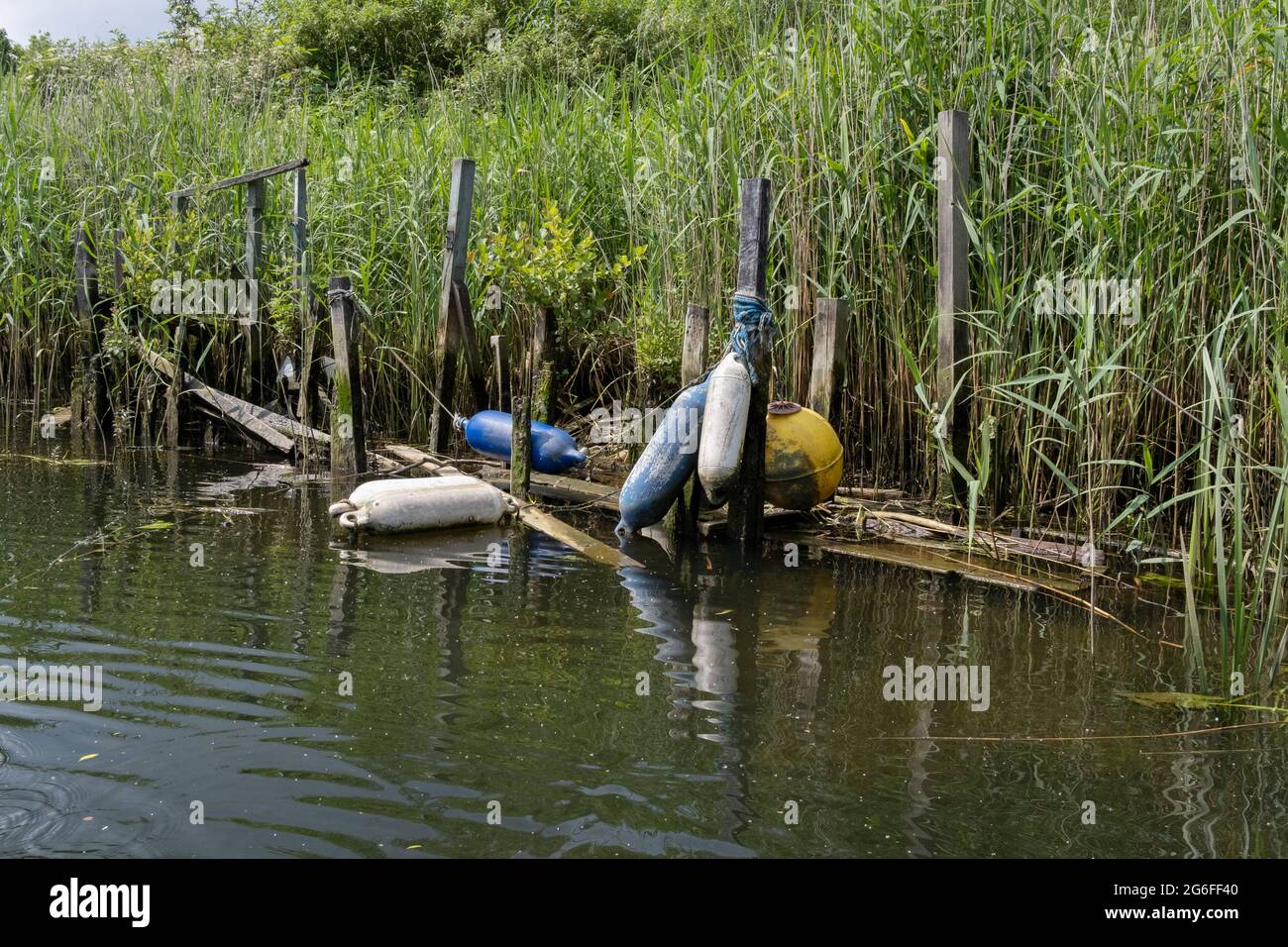 A riverside landscape of decaying wood, a private mooring structure in ...