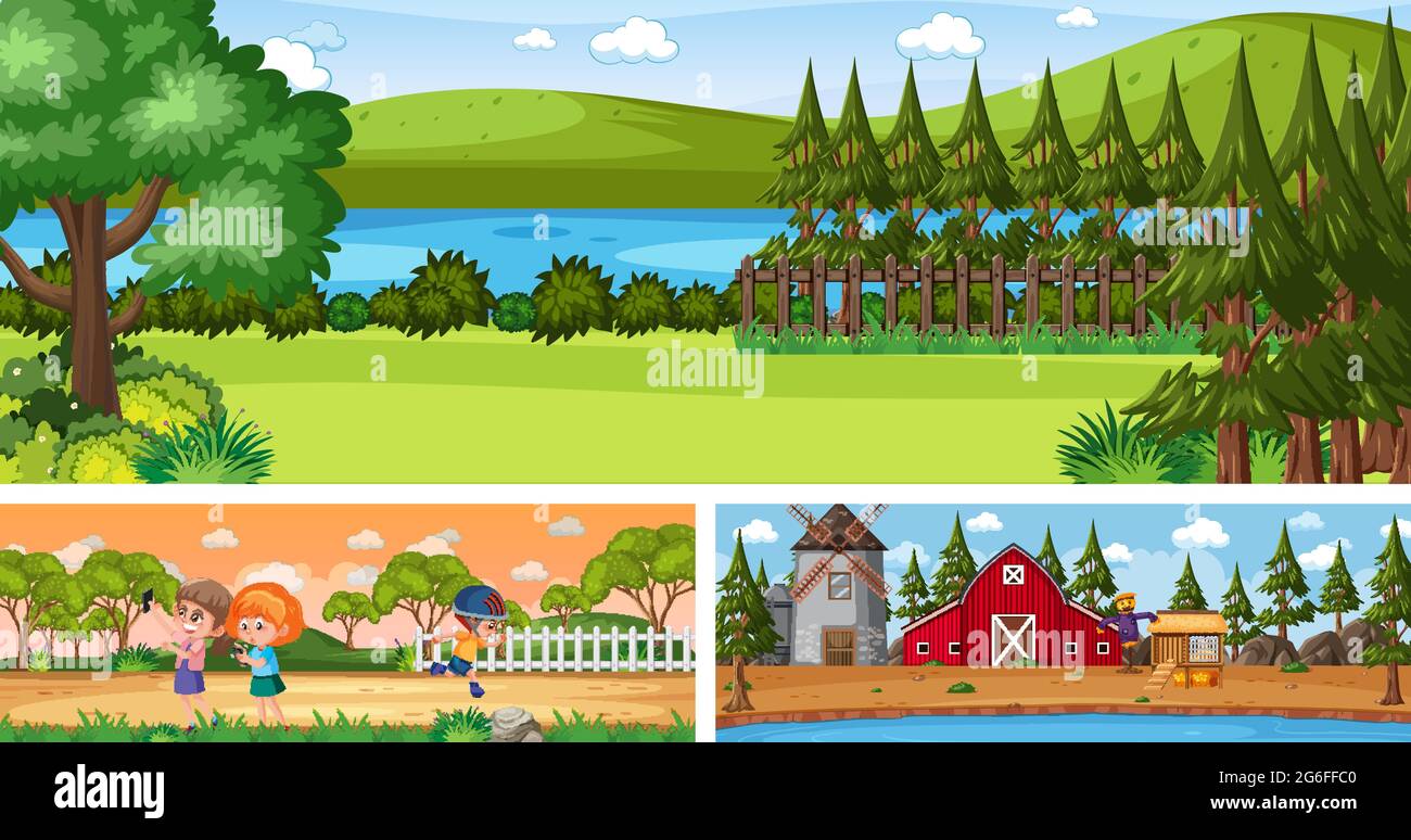 Set of outdoor panoramic landscape with cartoon character illustration ...