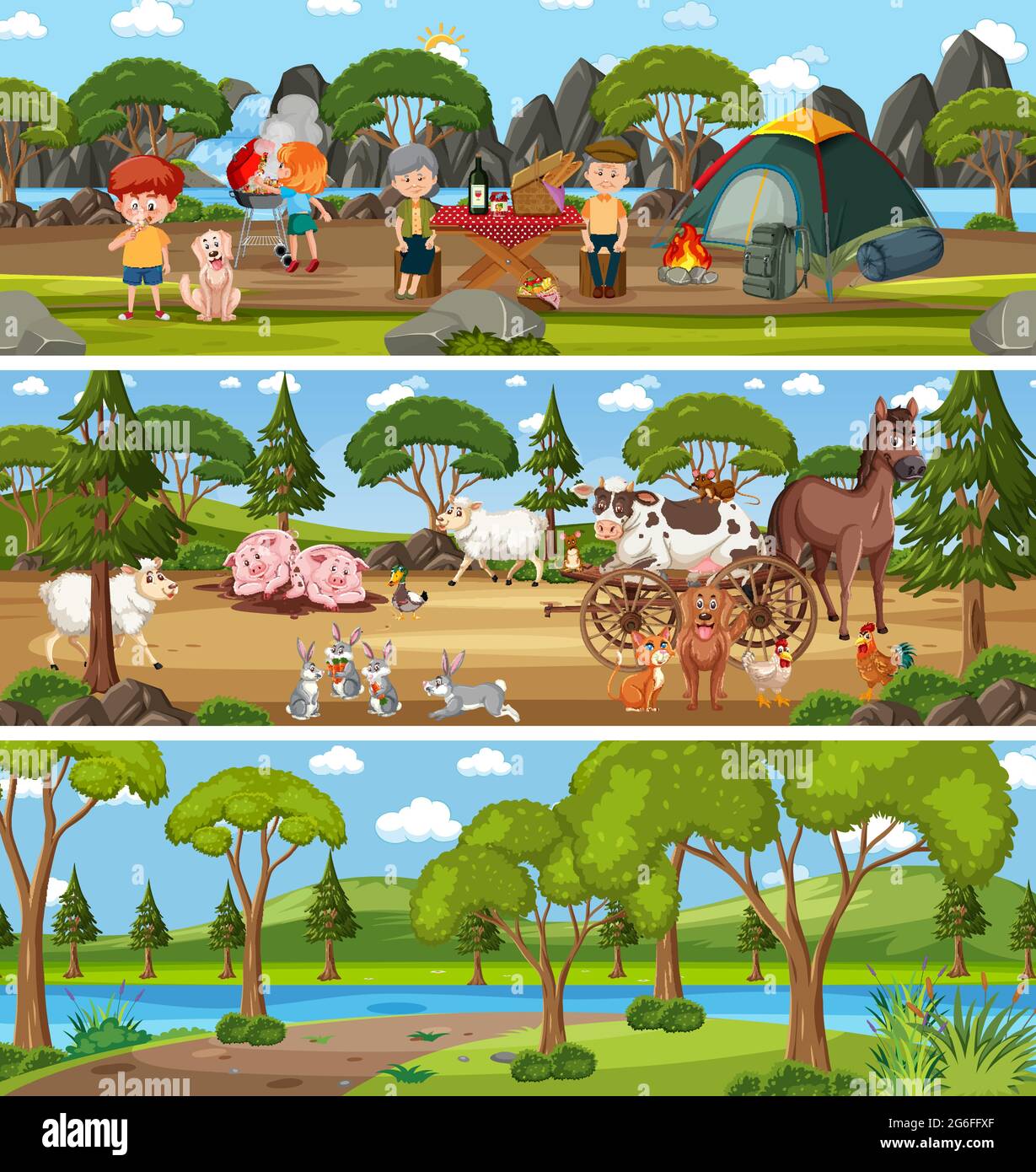 Different panoramic nature landscape set with cartoon character ...