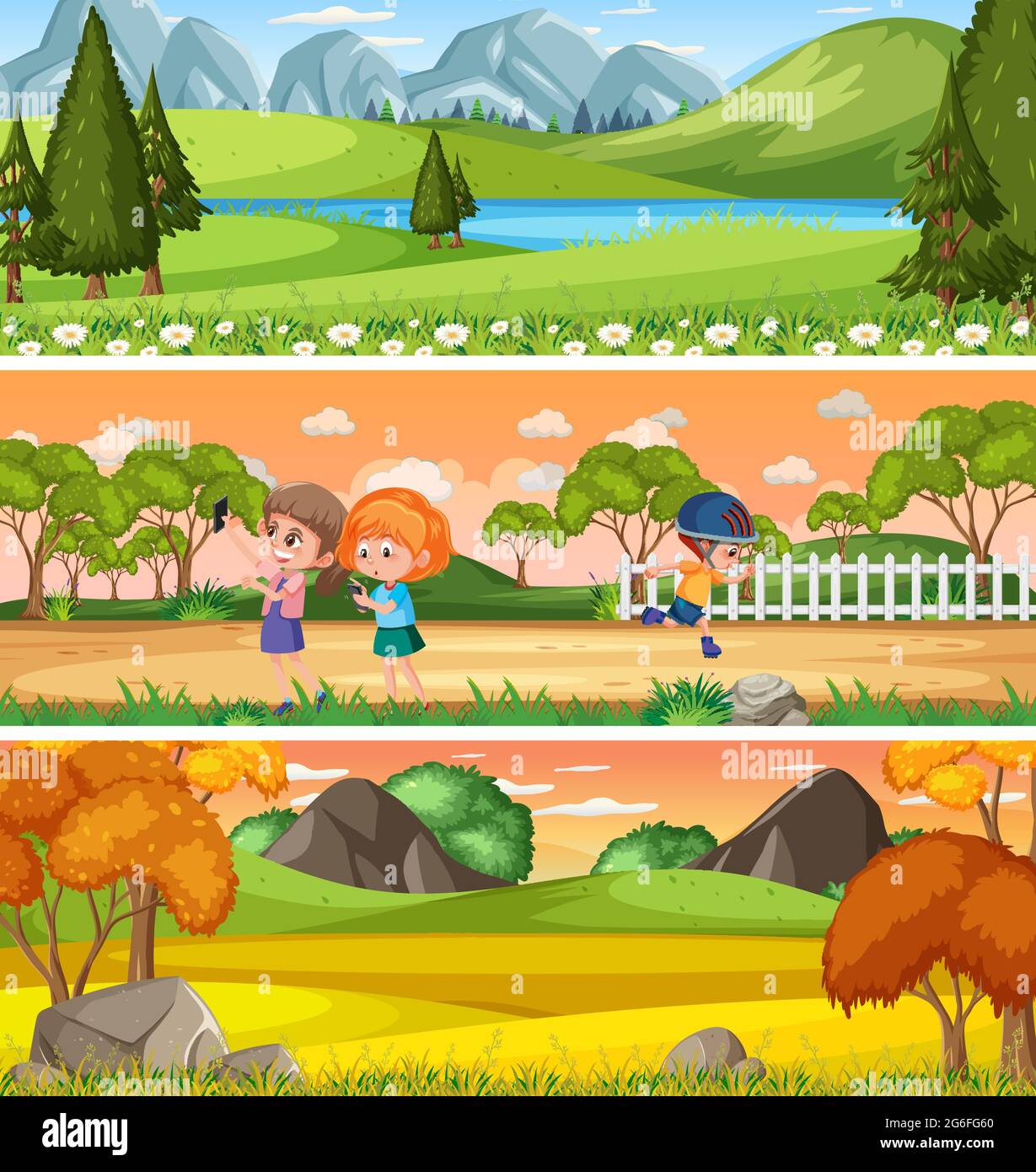 Different panoramic nature landscape set with cartoon character ...