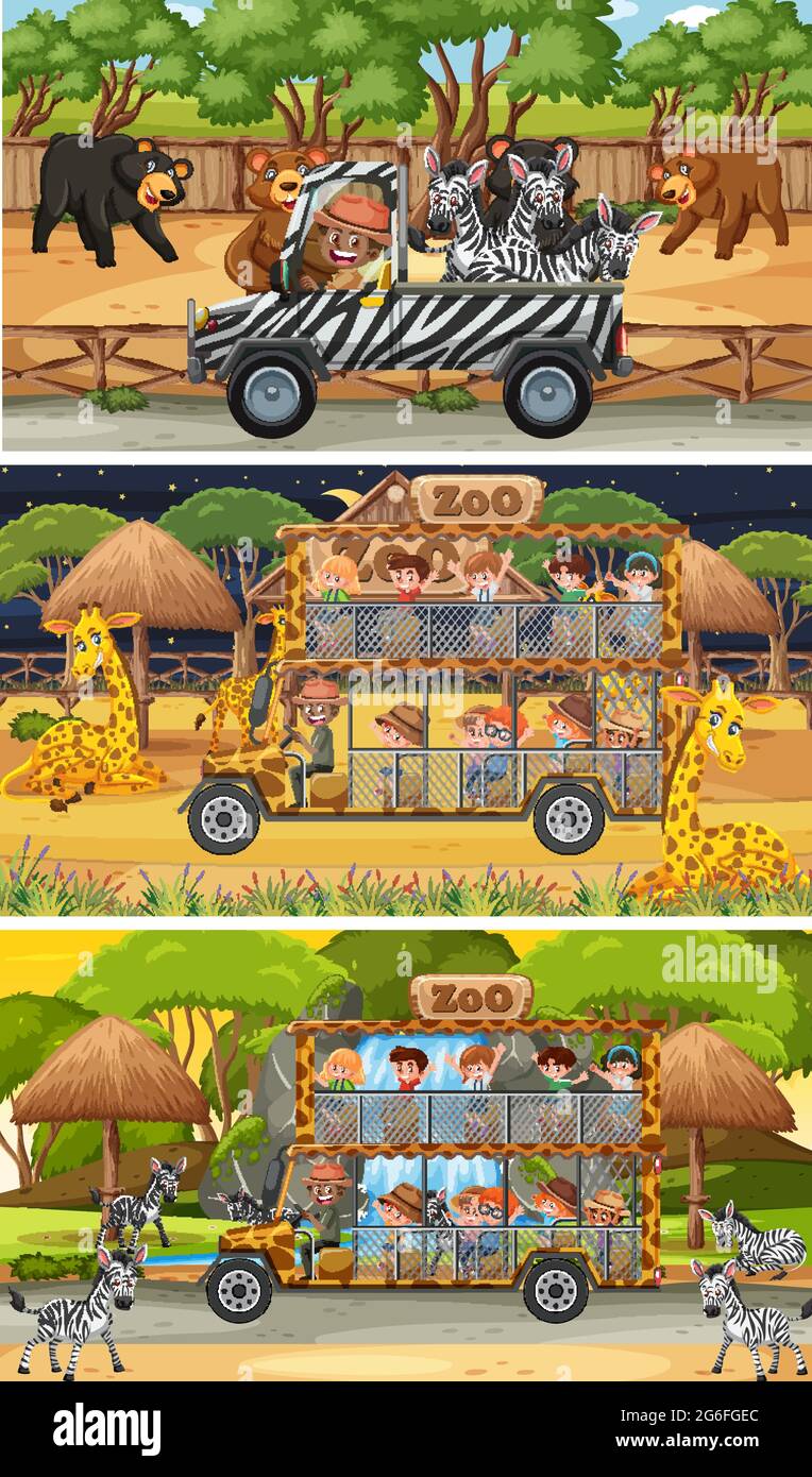 Set of different safari horizontal scenes with animals and kids cartoon ...