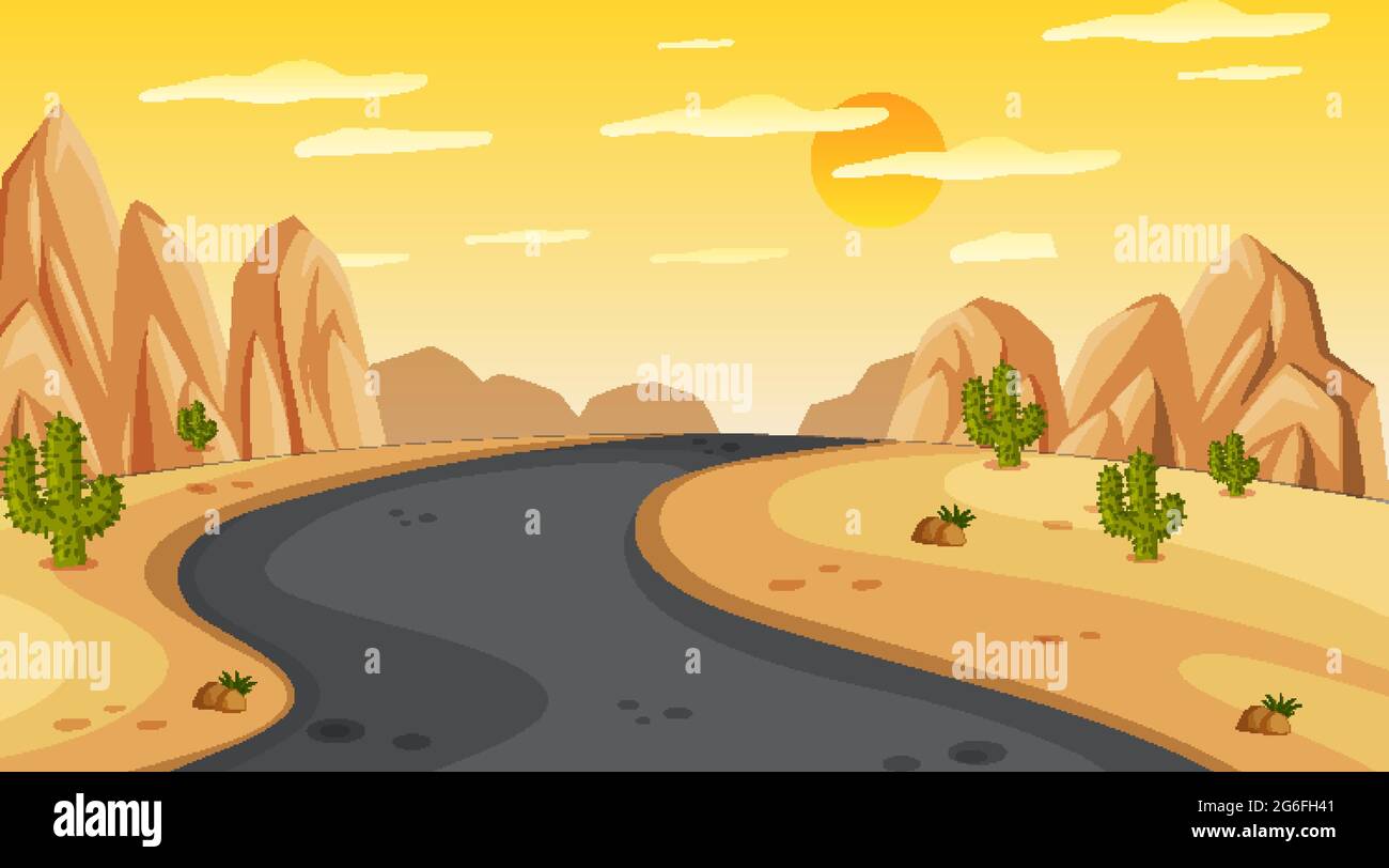 Desert scene with long road in landscape illustration Stock Vector ...