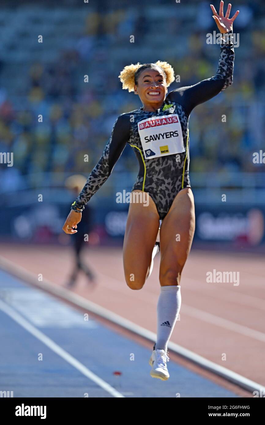 Jazmin Sawyers (GBR) places fifth in the women's long jump in a wind ...