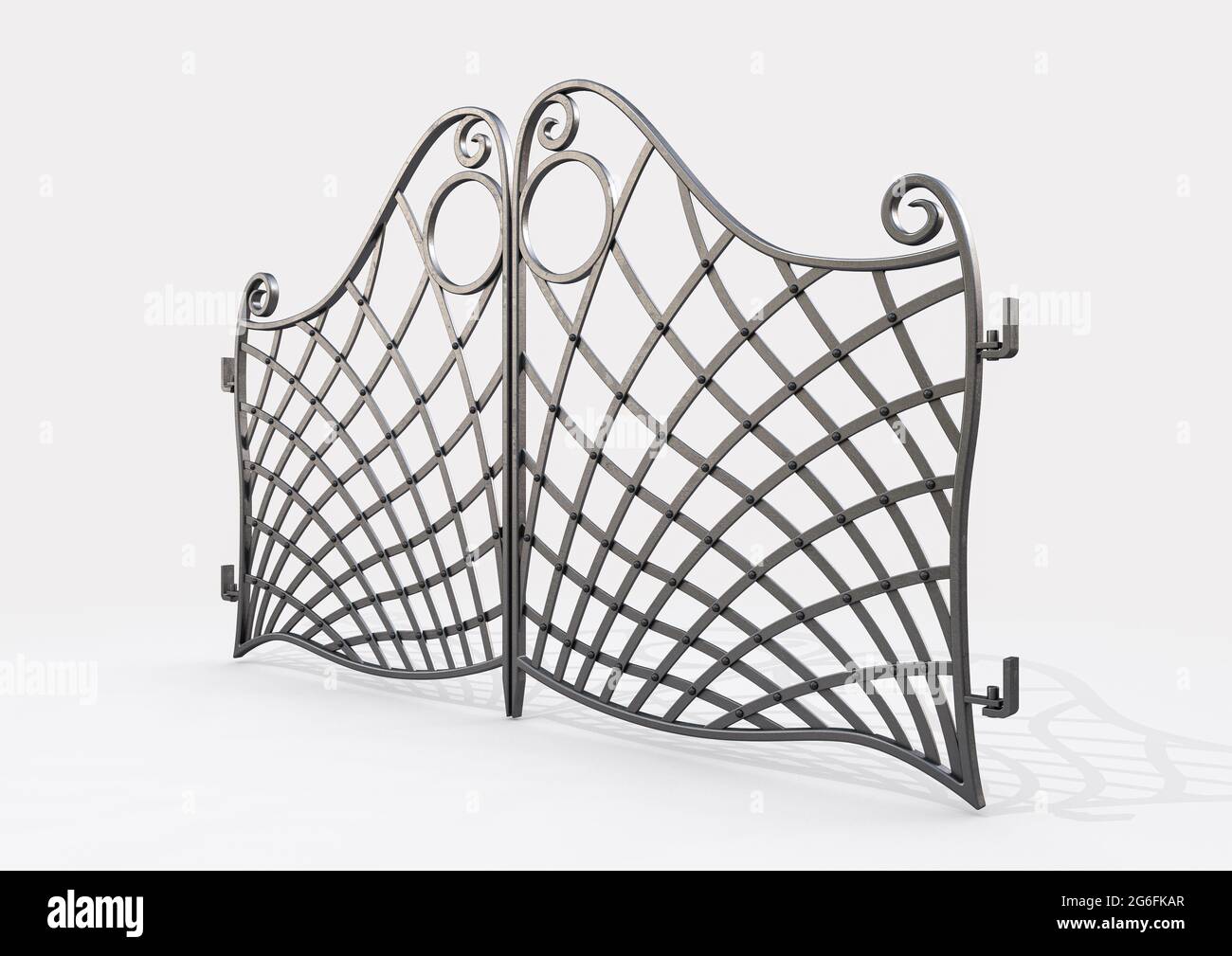 A set of ornate decorative cast iron driveway gates on an isolated ...
