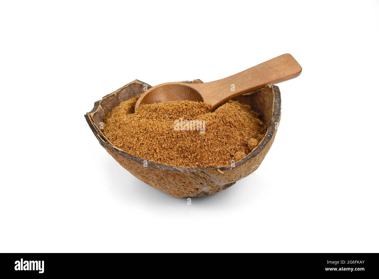 Sweet coconut sugar in coconut shell isolated on white background Stock ...
