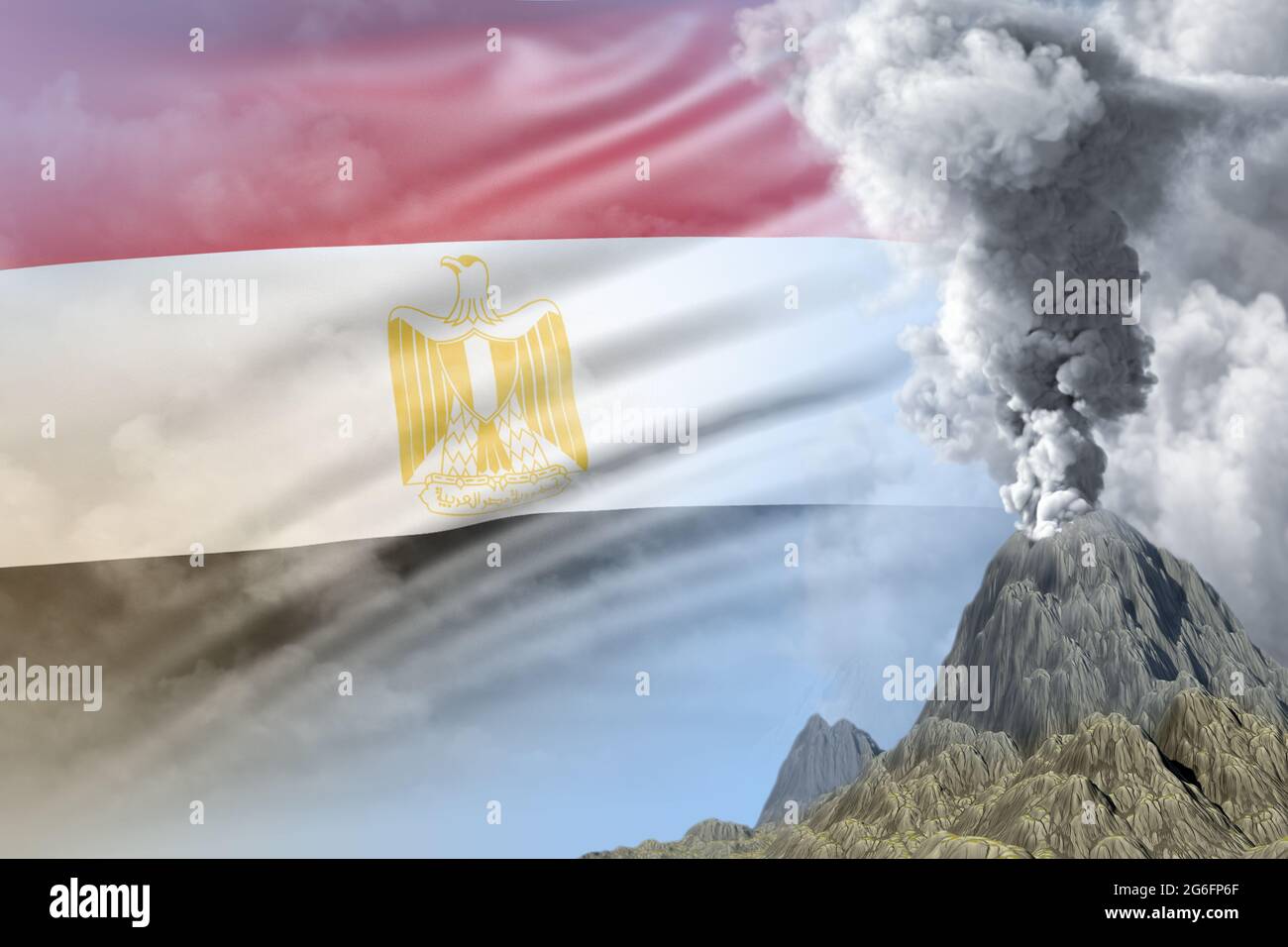 high volcano blast eruption at day time with white smoke on Egypt flag ...