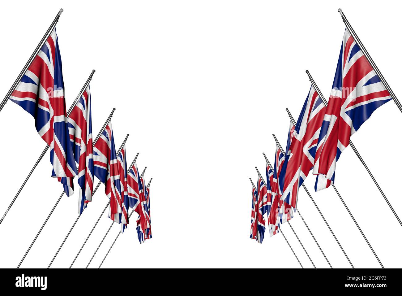 nice many United Kingdom (UK) flags hangs on diagonal poles from left ...