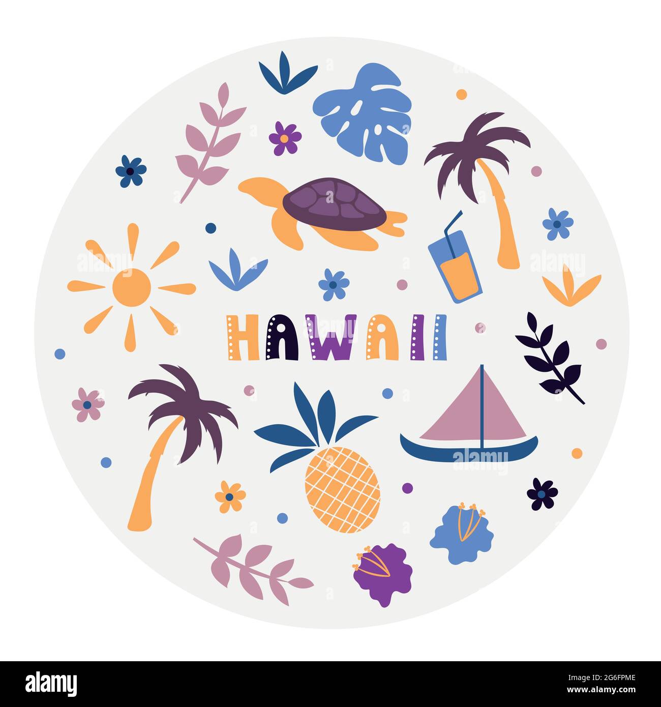 USA collection. Vector illustration of Hawaii. State Symbols - round ...