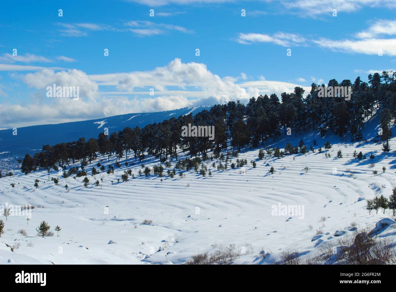 Snowy mountains. Green trees. Blue and cloudy sky. Clean Air Stock ...
