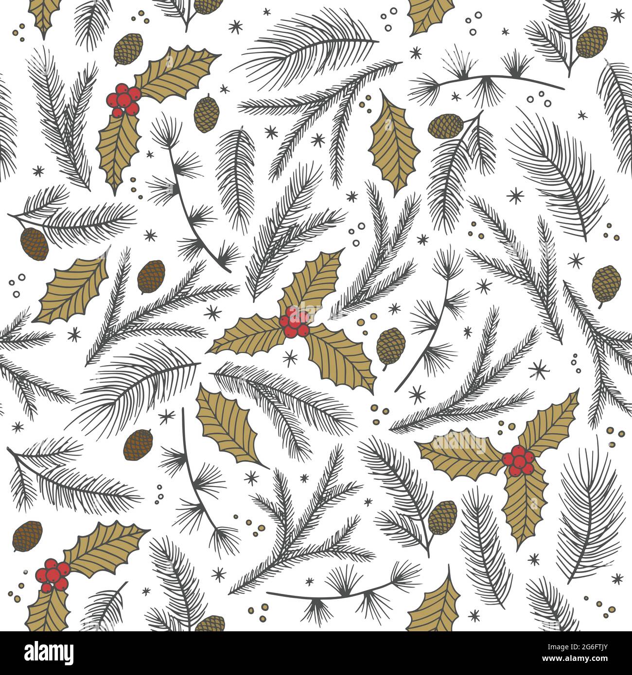 Christmas seamless pattern, white background. Pine twigs, red berries ...