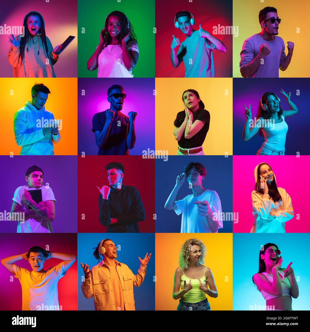 Portrait of group of people on multicolored background in neon light ...
