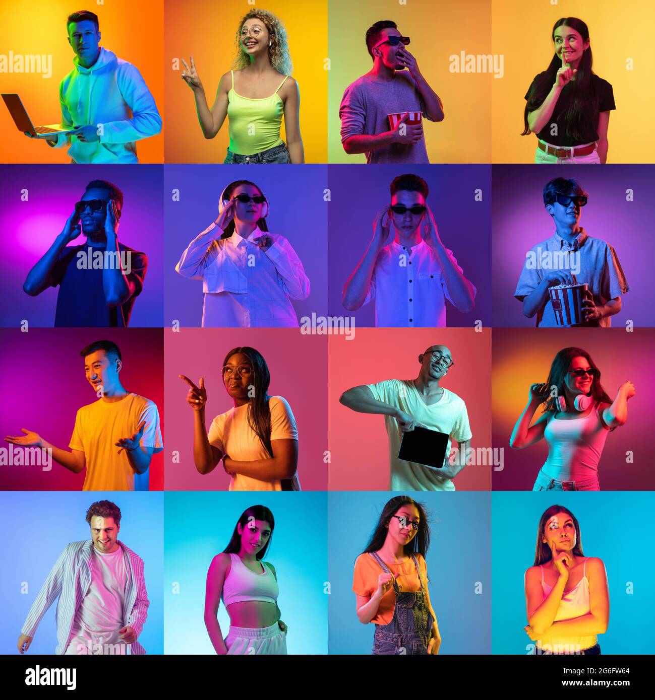 Portrait of group of people on multicolored background in neon light ...