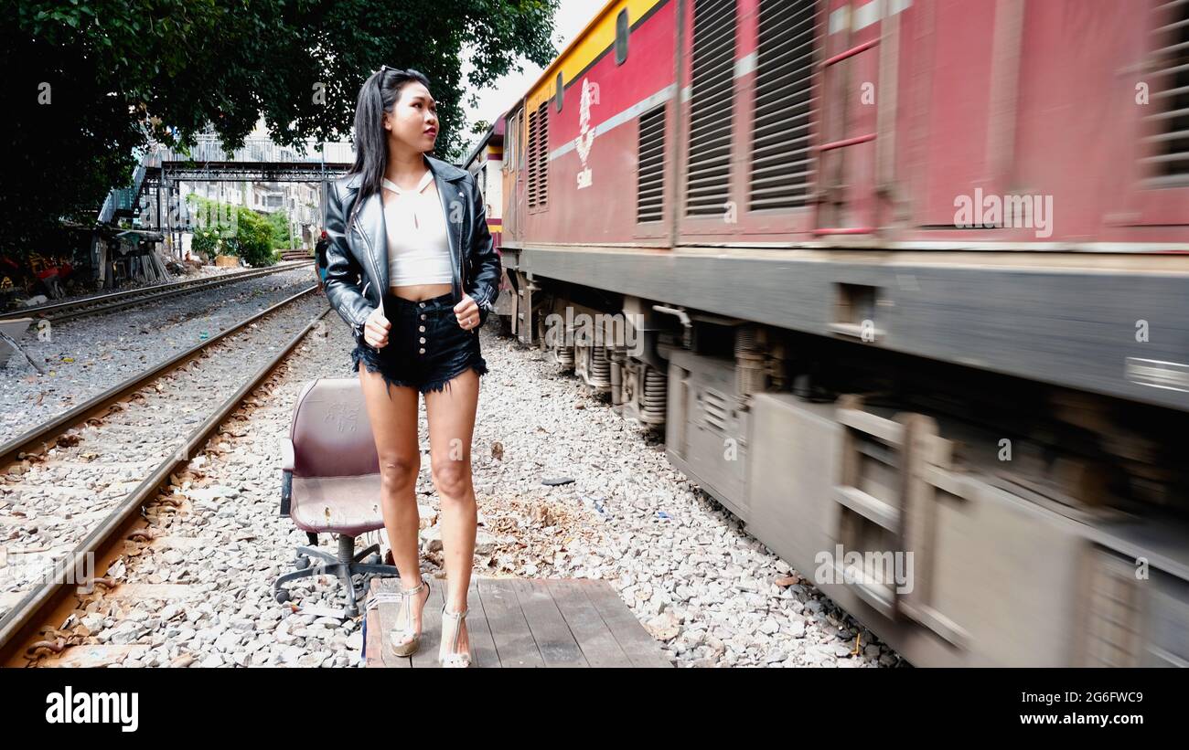 1950's Style Railroad Train with Chinese Asian Female Fashion Model ...
