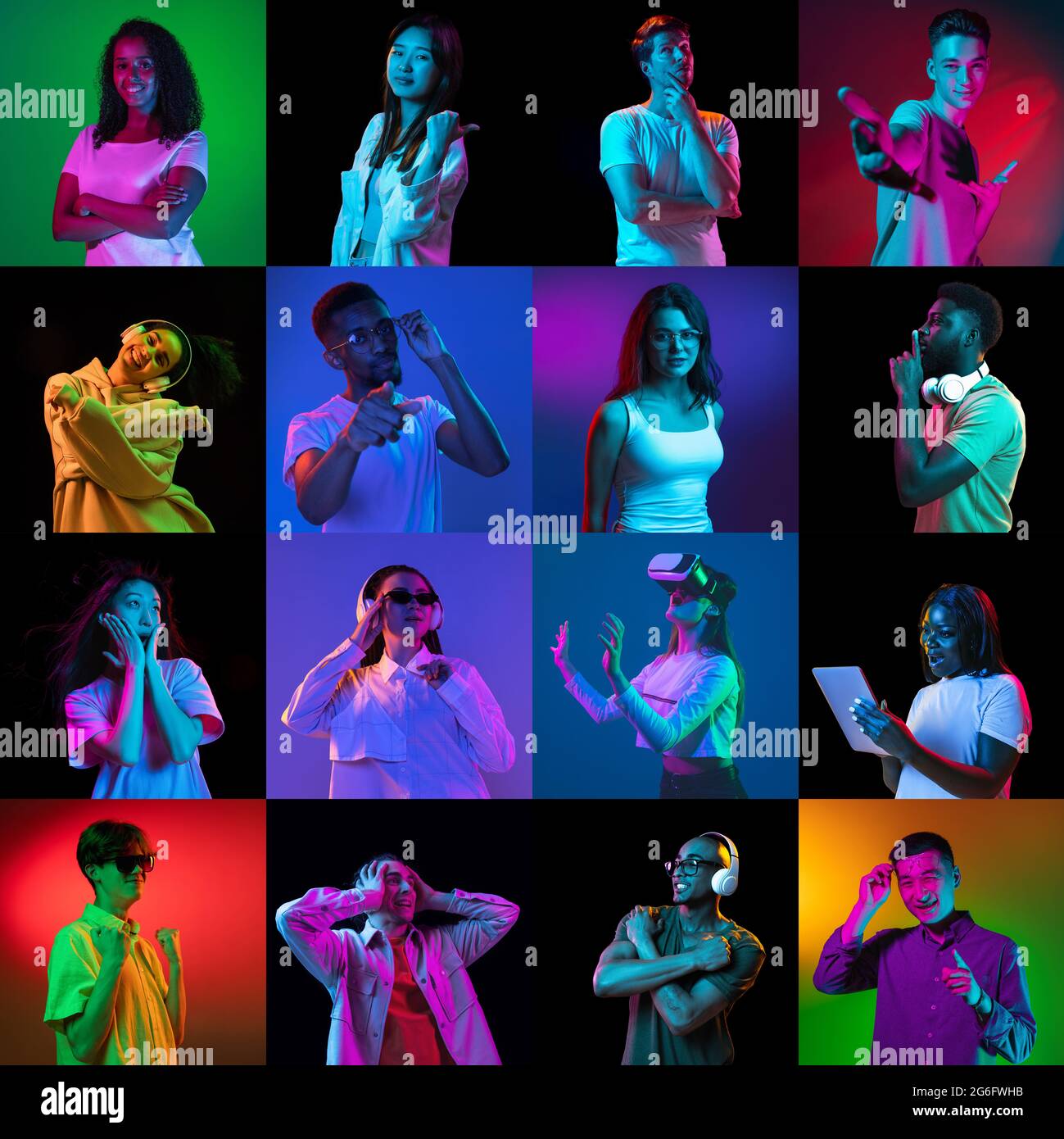 Portrait of group of people on multicolored background in neon light ...