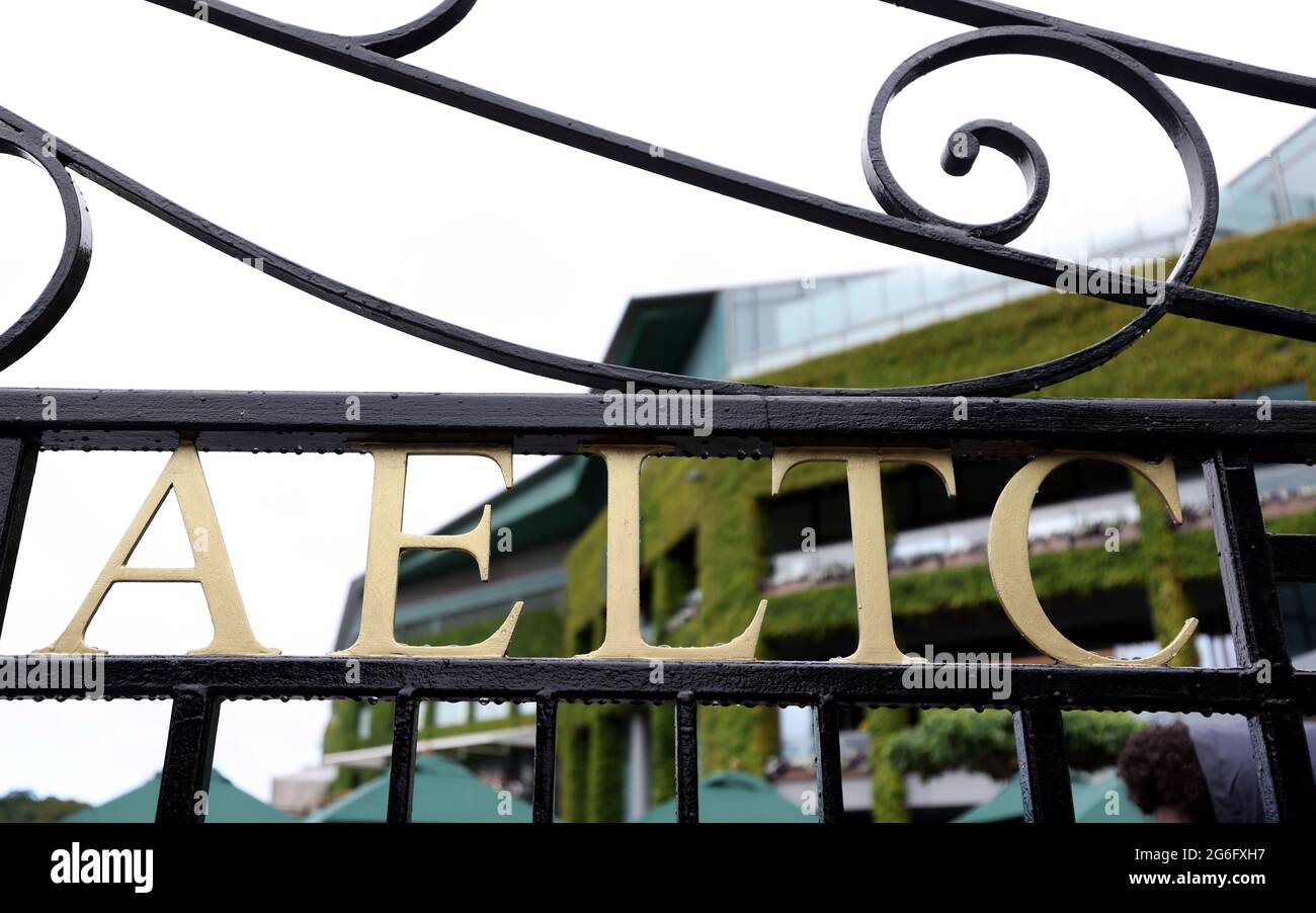 Rainwater on AELTC lettering on a gate on day eight of Wimbledon at The ...
