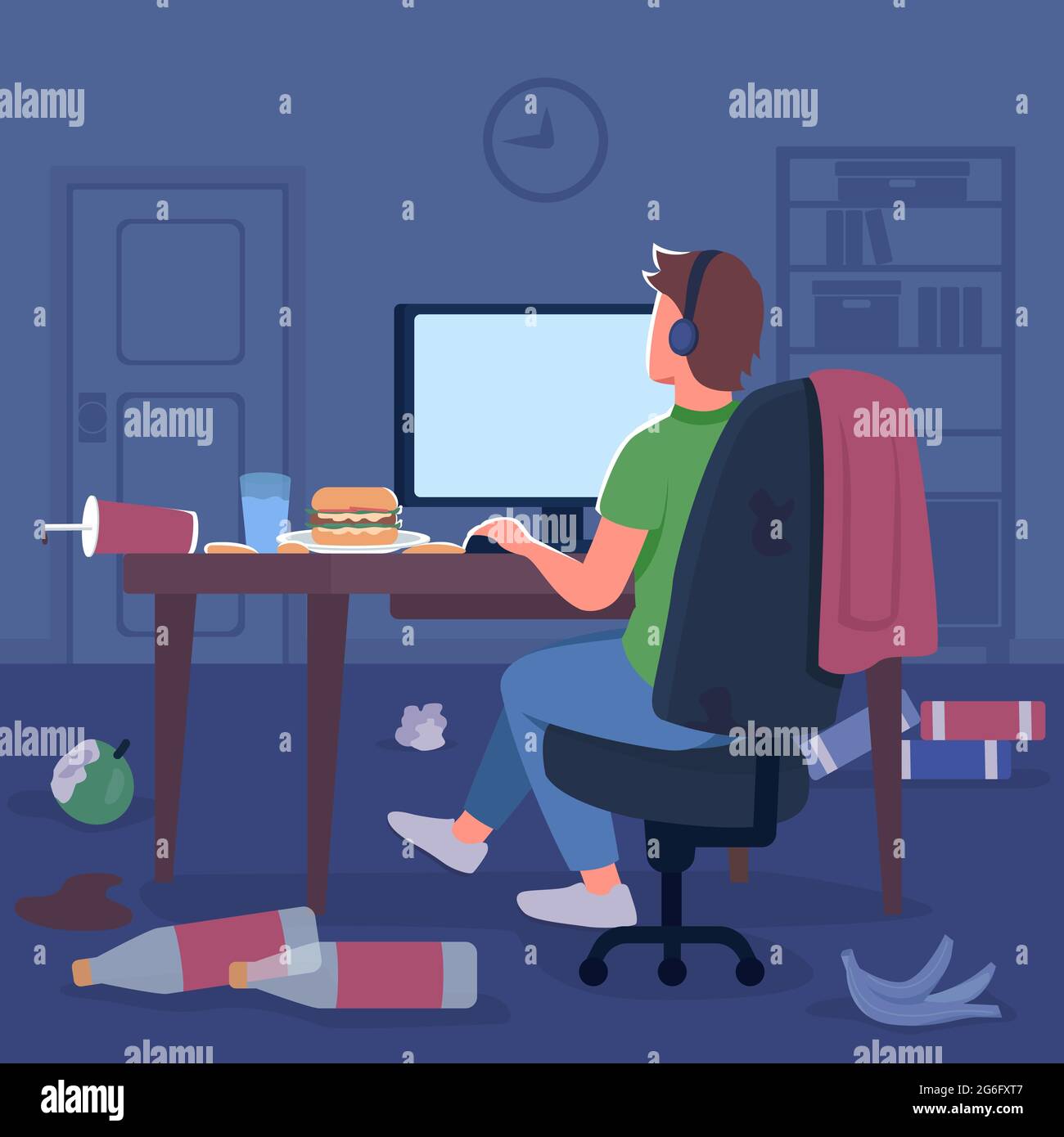 Gamer in messy room flat color vector illustration Stock Vector Image ...