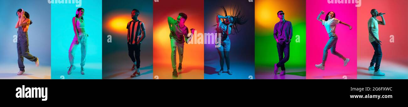 Portrait of group of people on multicolored background in neon light ...