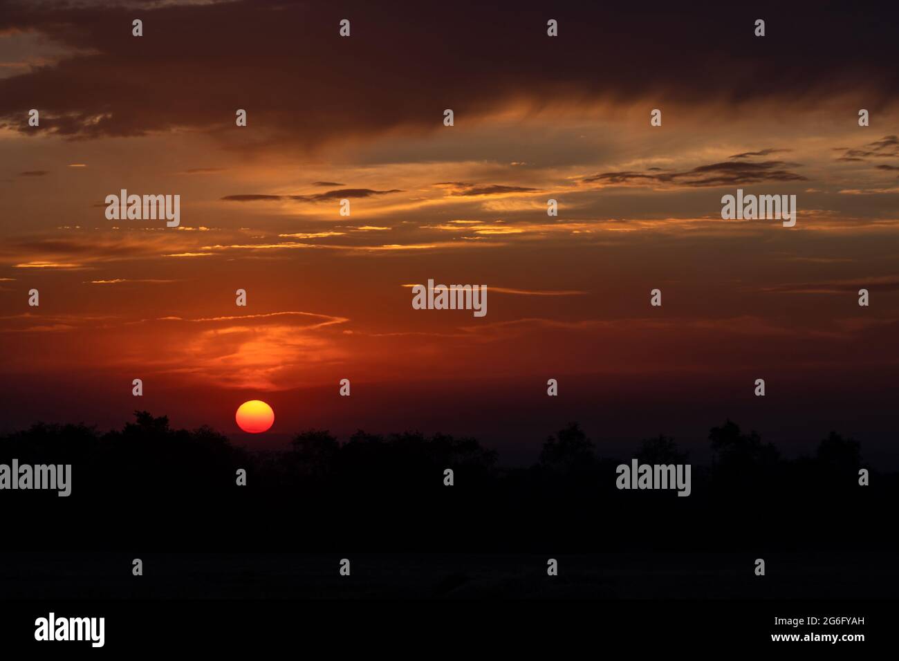 At sunset, the full sun touches the horizon. In the foreground ...