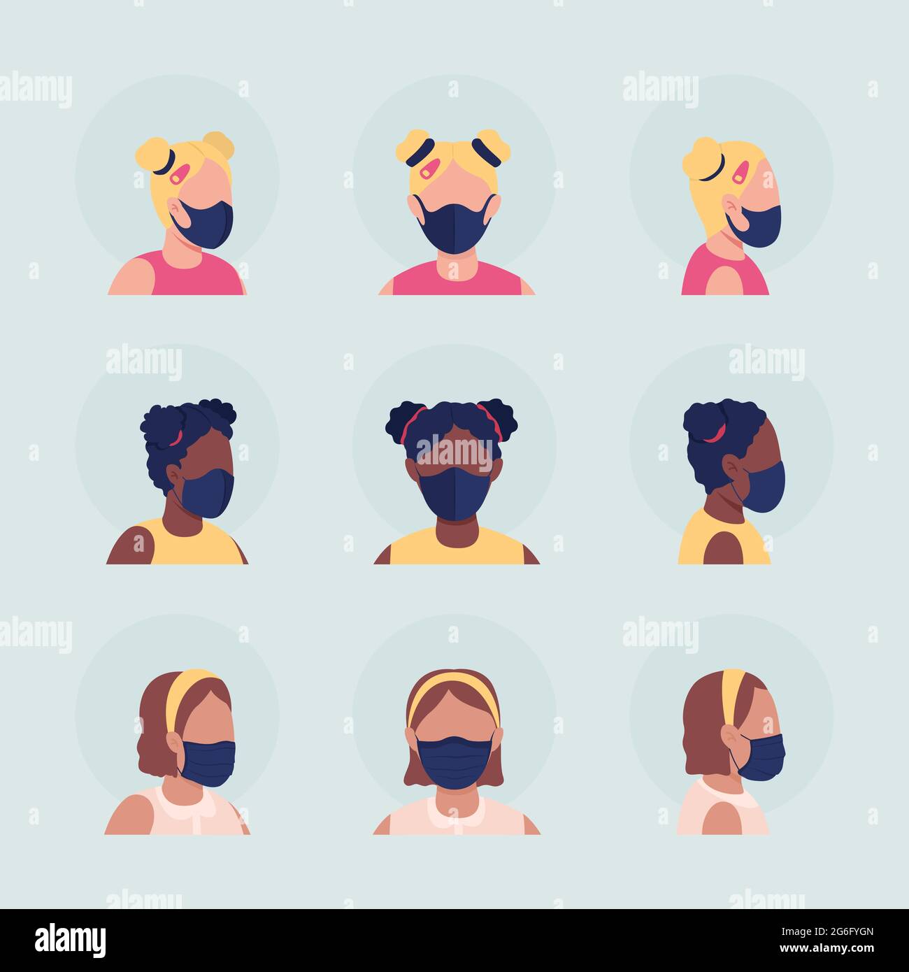 Kids with medical masks semi flat color vector character avatar set ...
