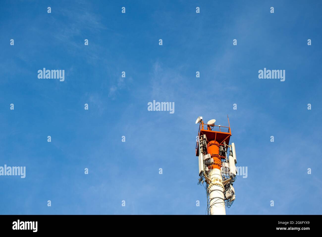 Technology on the top of the telecommunication GSM 5G,4G,3G tower ...