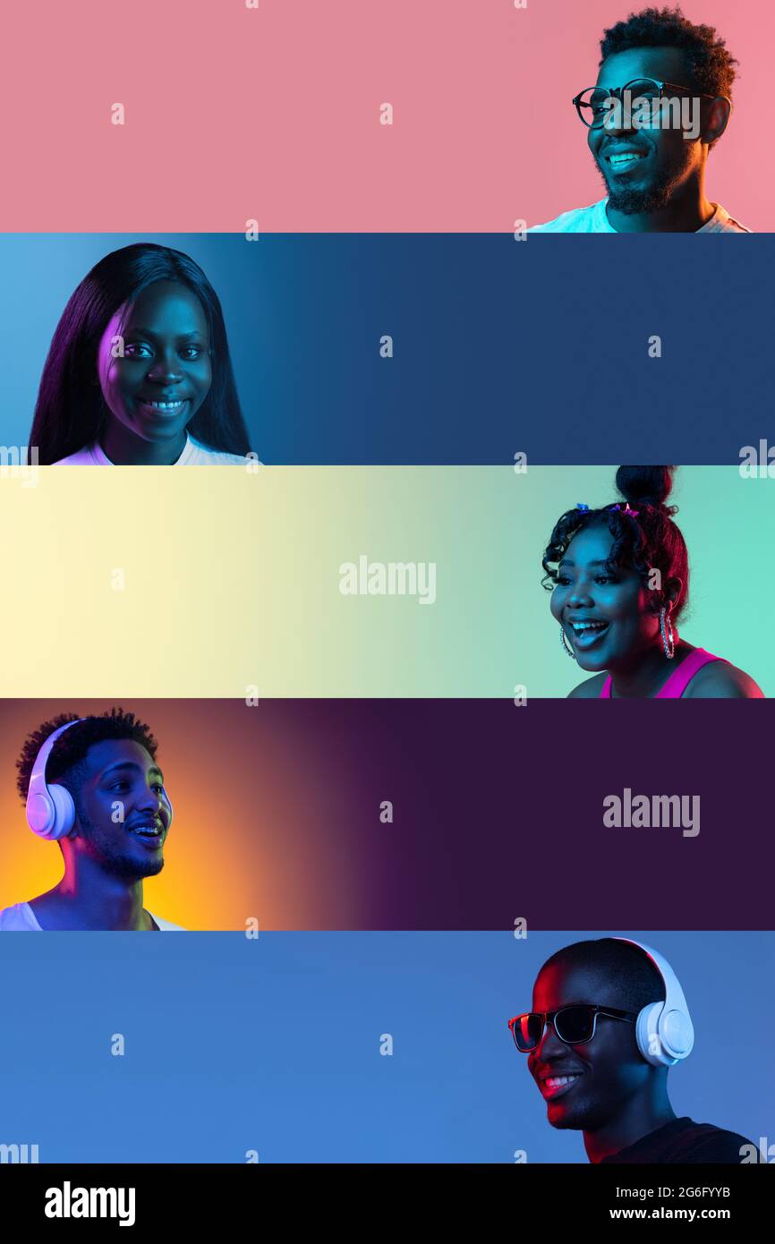 Collage of 5 young people, girls and boys isolated on multicolored ...