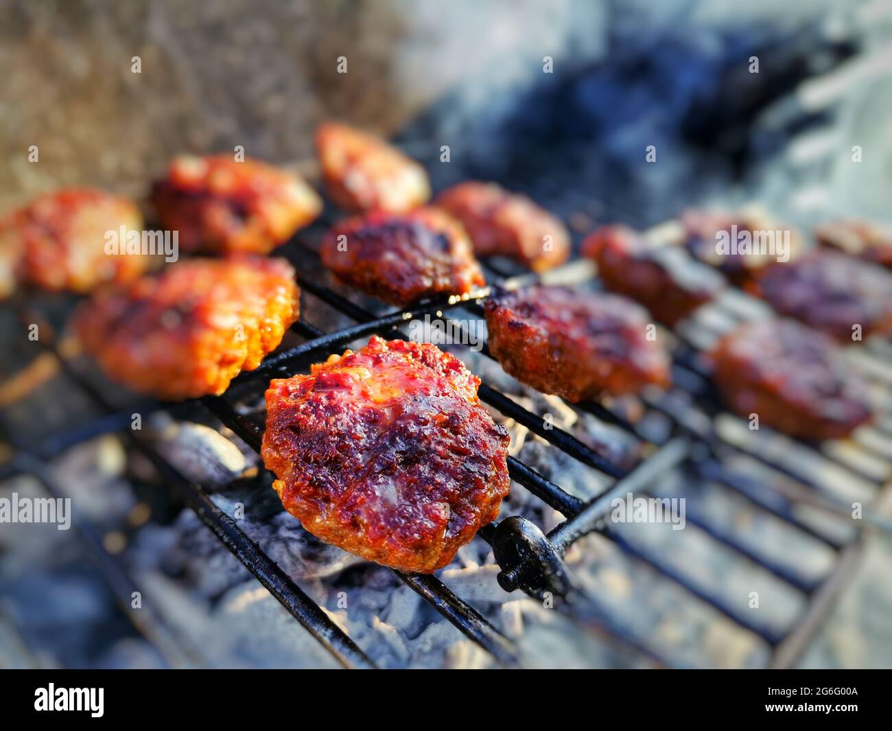 Picnic. Barbecue fire. Cooking meat on the barbecue. Cooked meat Stock ...