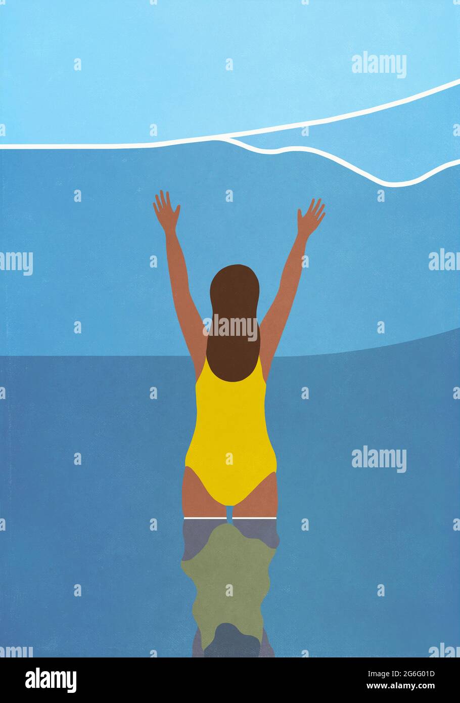 Happy woman in bathing suit wading in blue ocean Stock Photo - Alamy