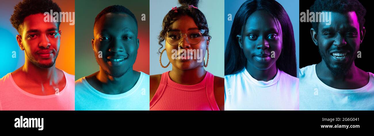 Collage of 5 young people, girls and boys isolated on multicolored ...