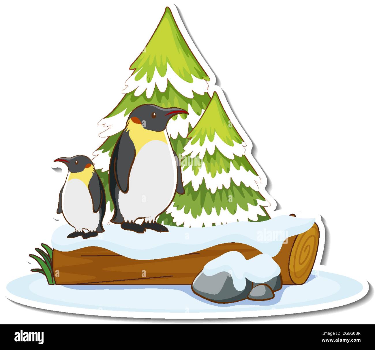 Two penguins stand by pine tree covered with snow sticker illustration ...