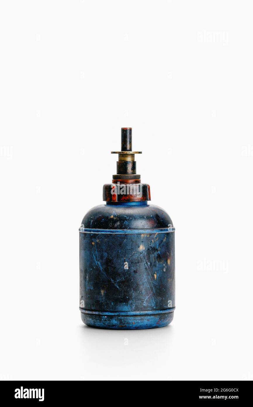 Vintage blue plastic benzine dispenser Stock Photo - Alamy