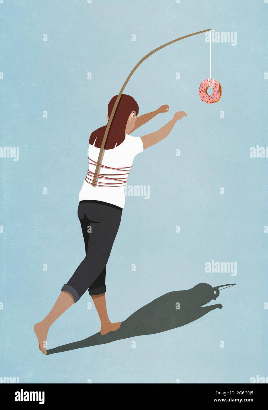 Woman chasing donut tied to stick on back Stock Photo - Alamy