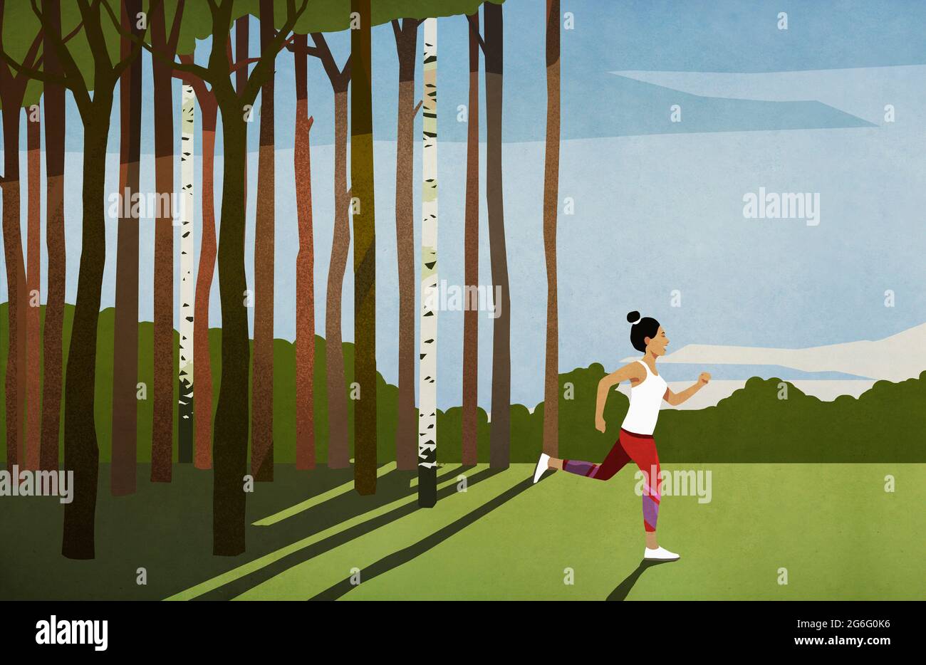 Woman running in sunny rural field with trees Stock Photo - Alamy