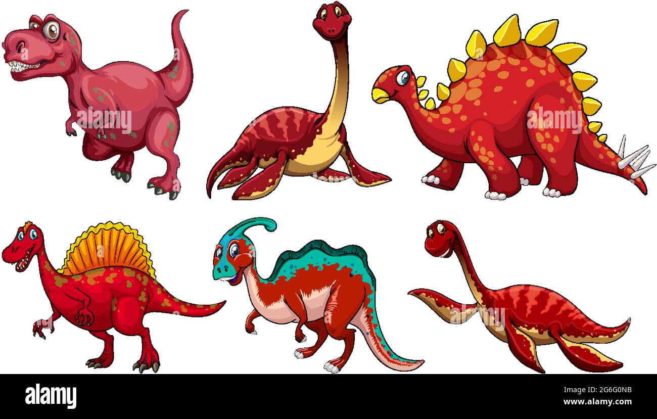 Set of red dinosaur cartoon character illustration Stock Vector Image ...
