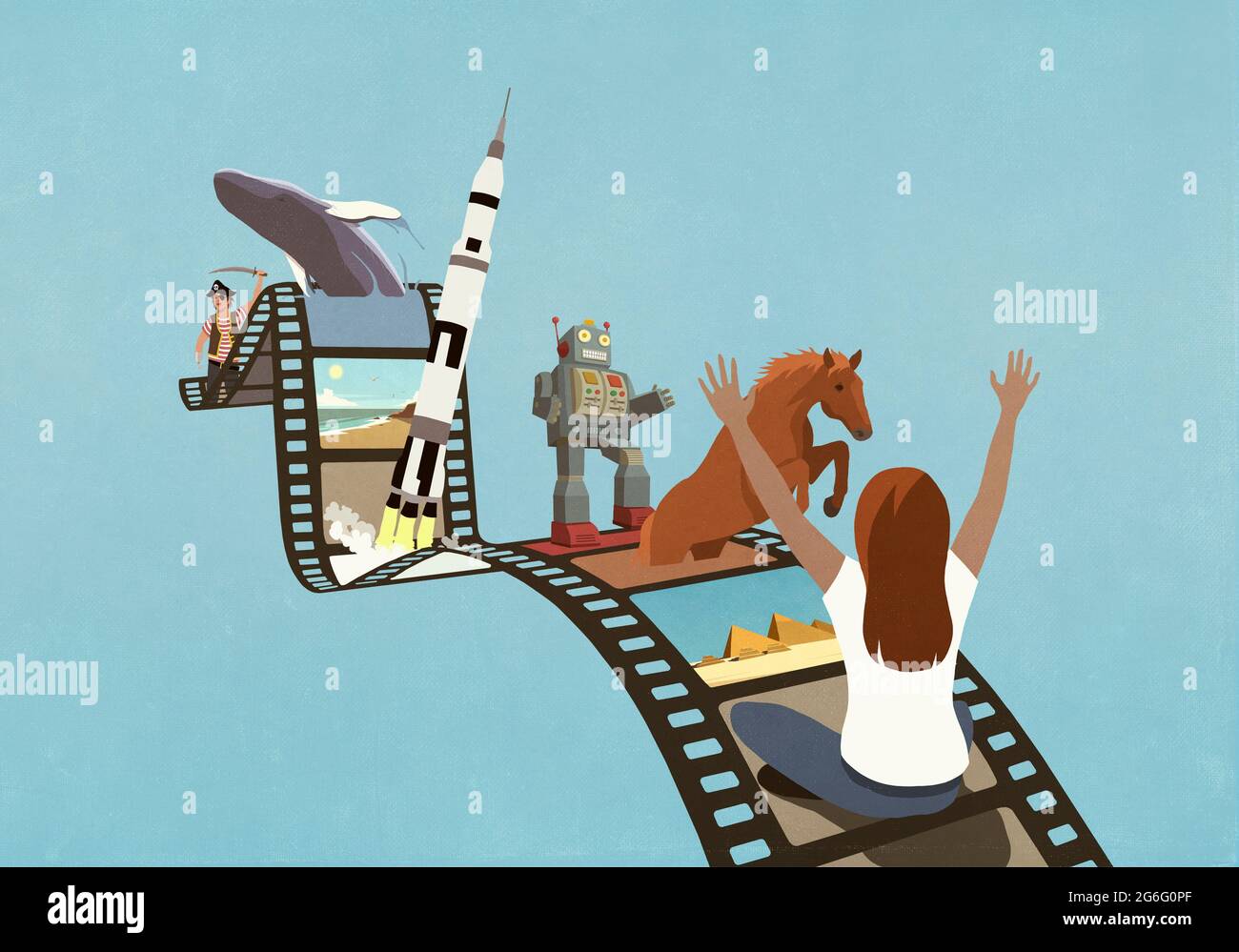 Excited woman enjoying nature and science images on film reel Stock ...