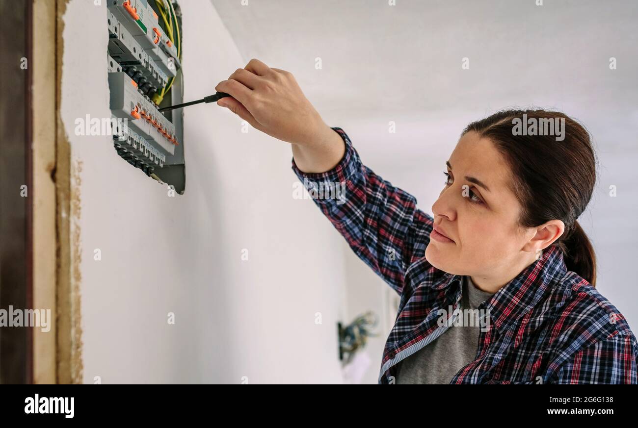 Electrician working on the distribution panel of a house Stock Photo ...