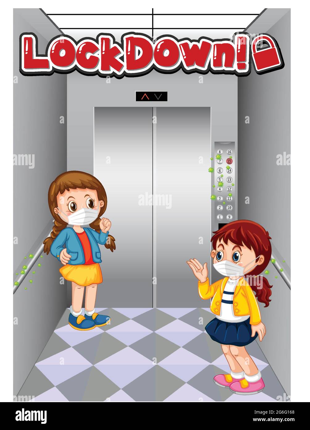 Lockdown font design with people keeping distance in the elevator ...