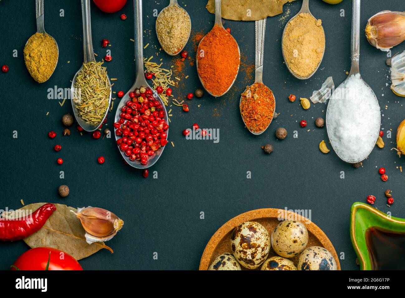 Spices on black background culinary background Stock Photo - Alamy