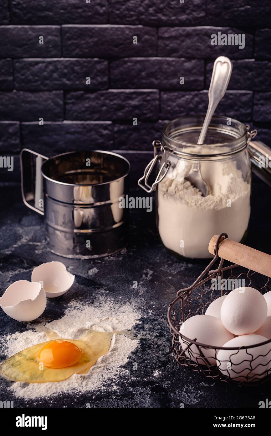 Table with baking products and tools. Culinary, baking concept Stock ...