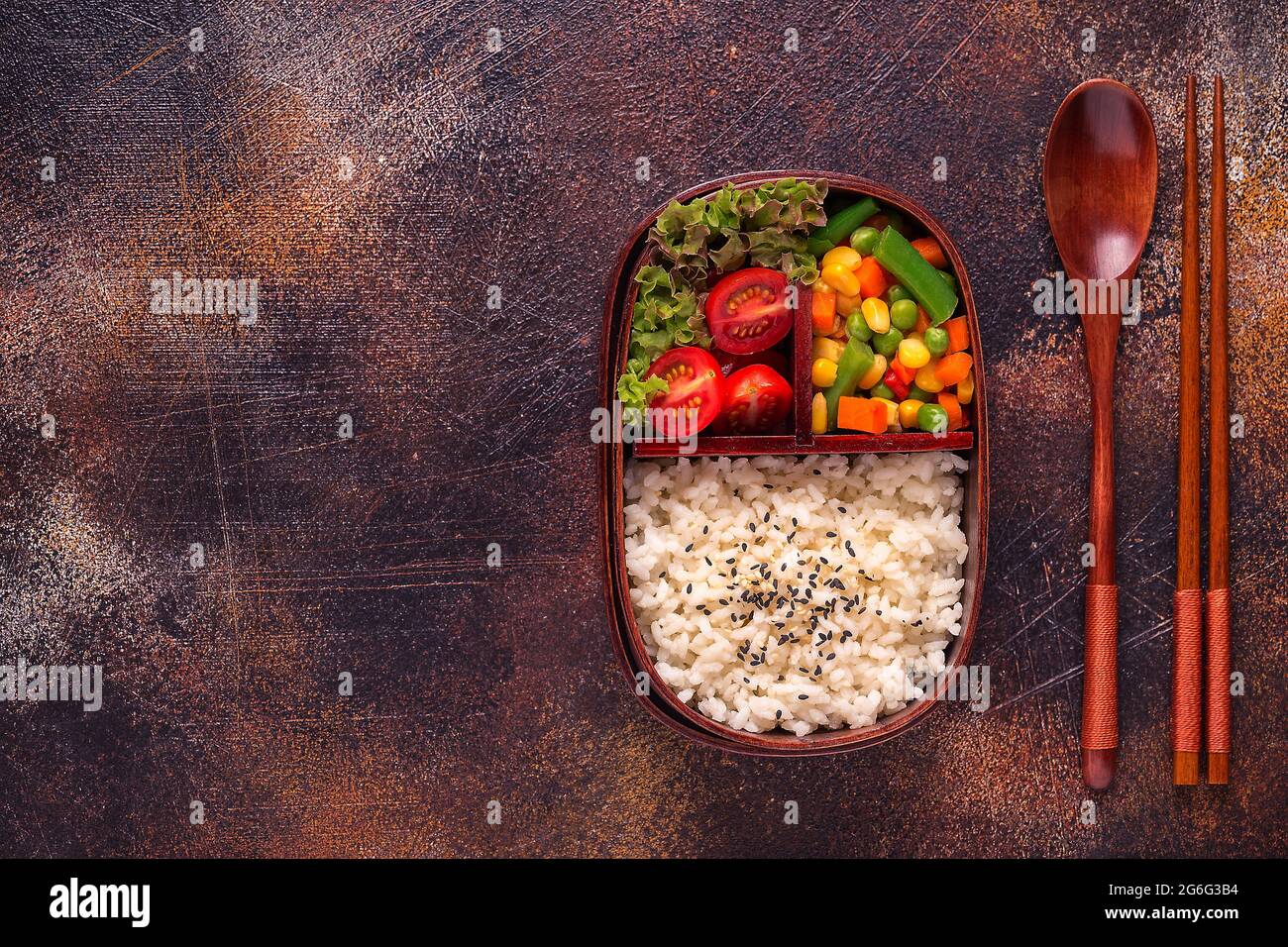 Healthy lunch in wooden japanese bento box. Balanced healthy food ...