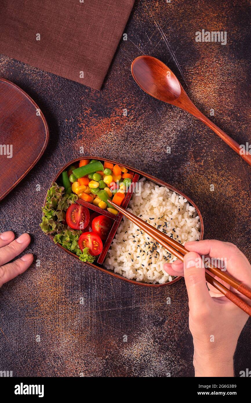Healthy lunch in wooden japanese bento box. Balanced healthy food ...