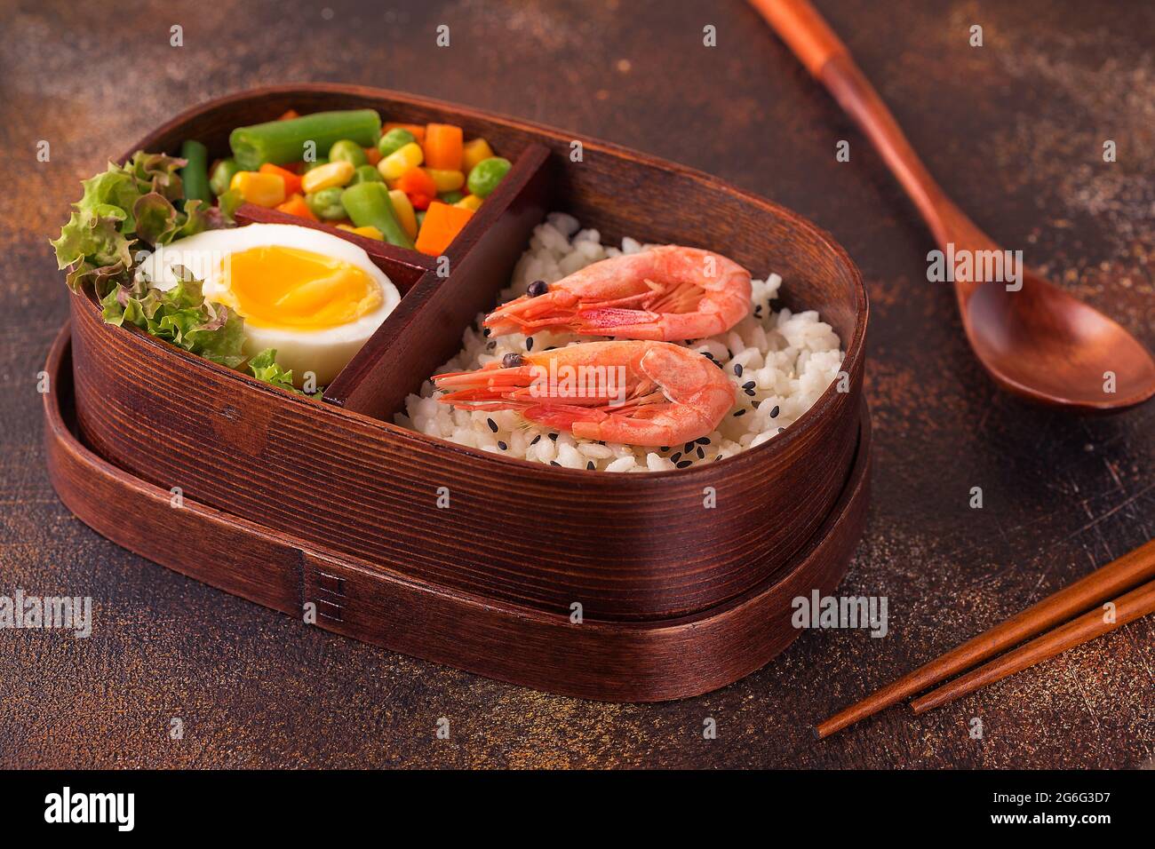 Healthy lunch in wooden japanese bento box. Balanced healthy food ...