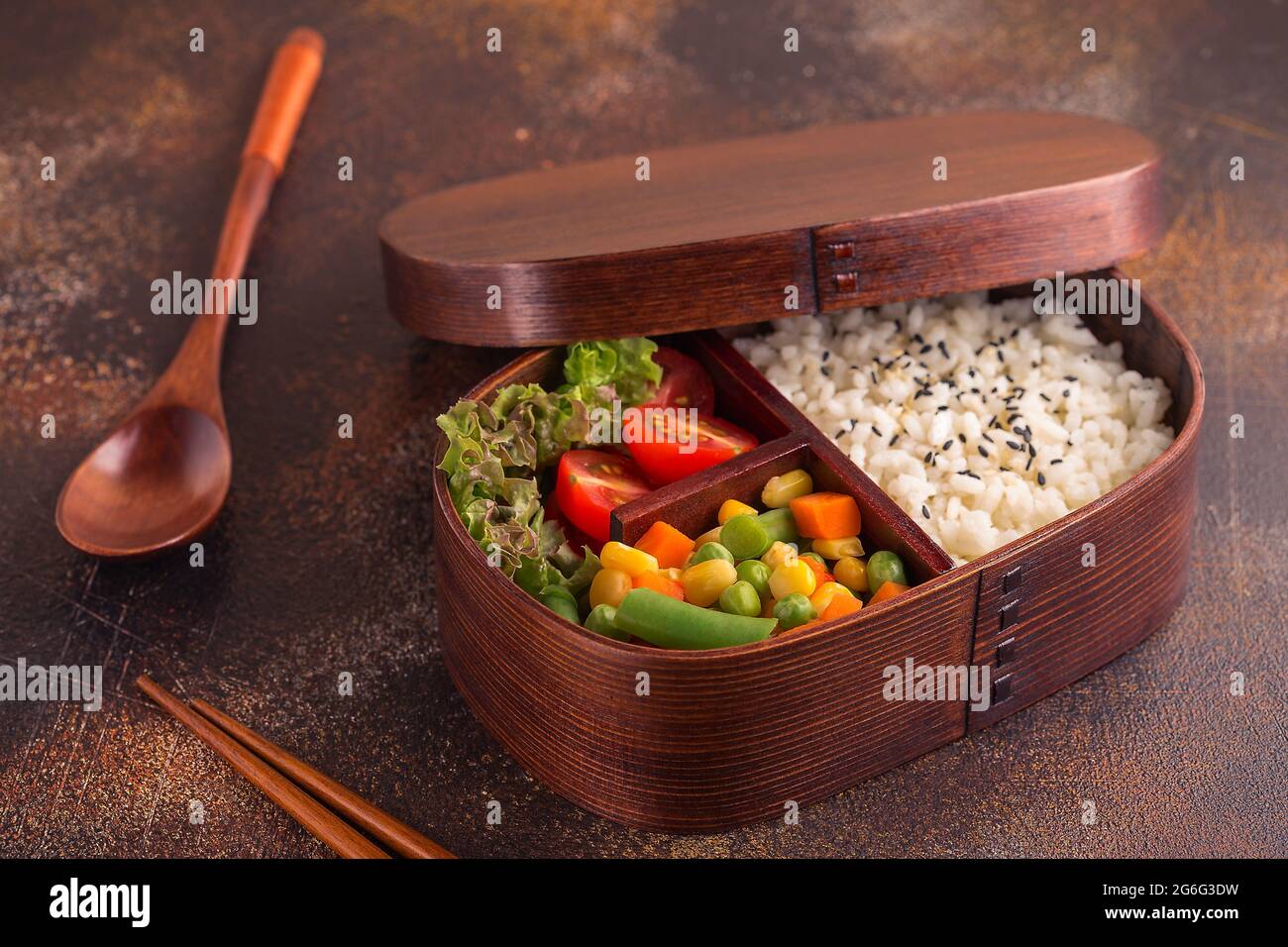 Healthy lunch in wooden japanese bento box. Balanced healthy food ...