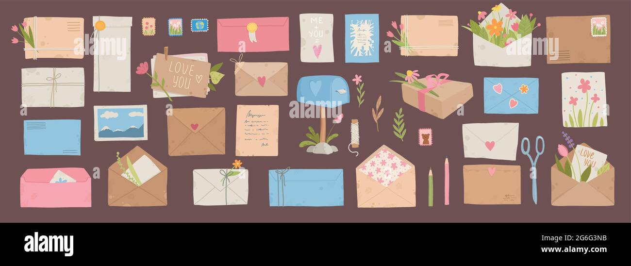 Envelopes with postmarks. Vintage paper mail letters with postage stamp ...